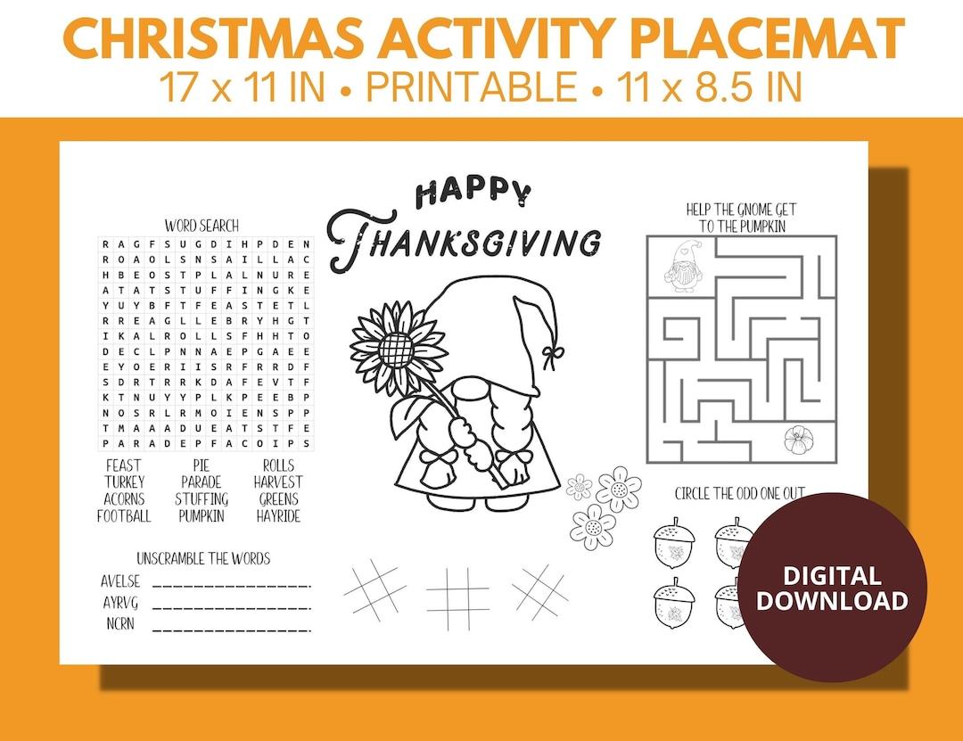 Thanksgiving Placemat for Kids | Thanksgiving Activity Placemat ...