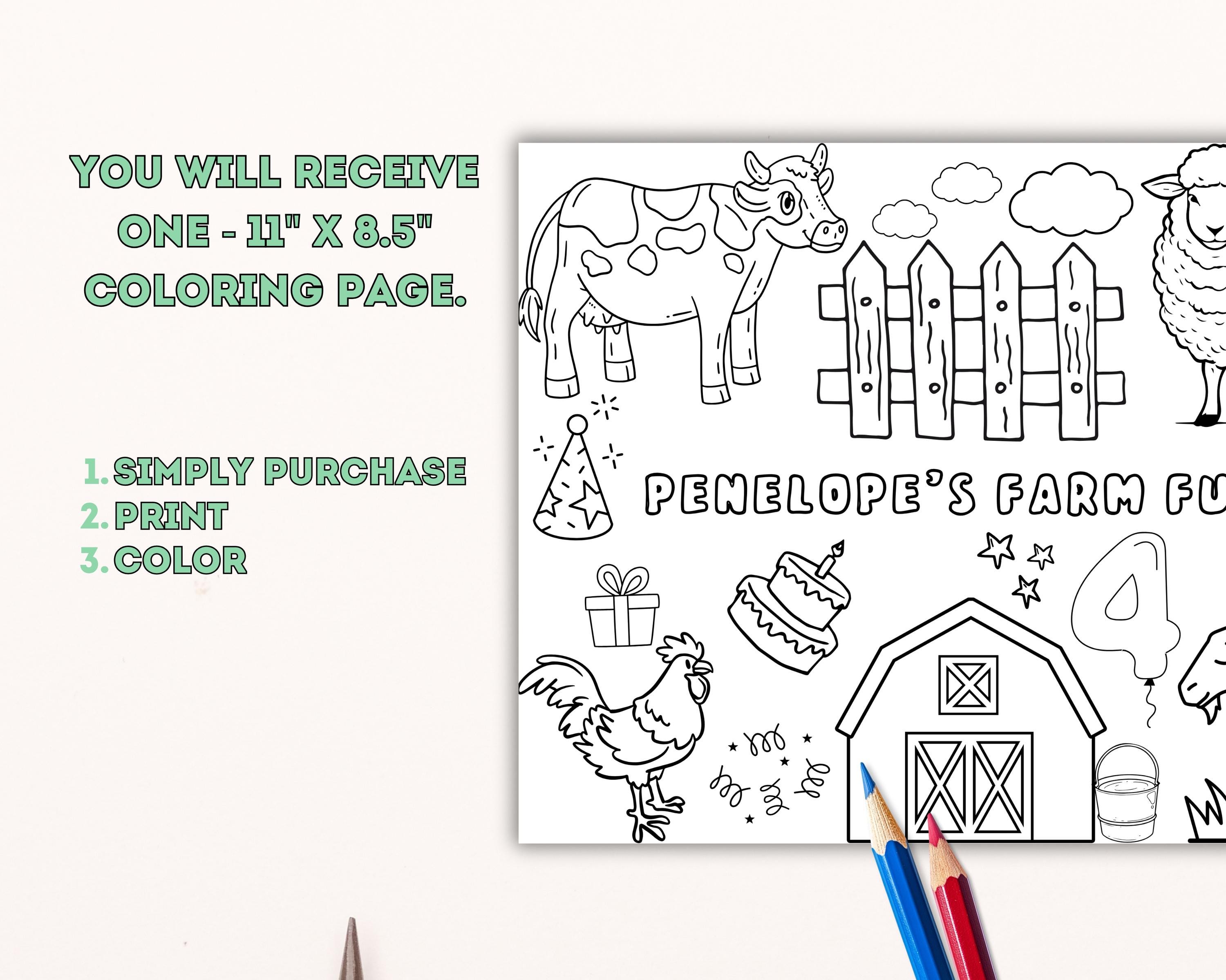 Farm Animal Birthday Coloring Placemat, Printable Kids Activity Sheet ...