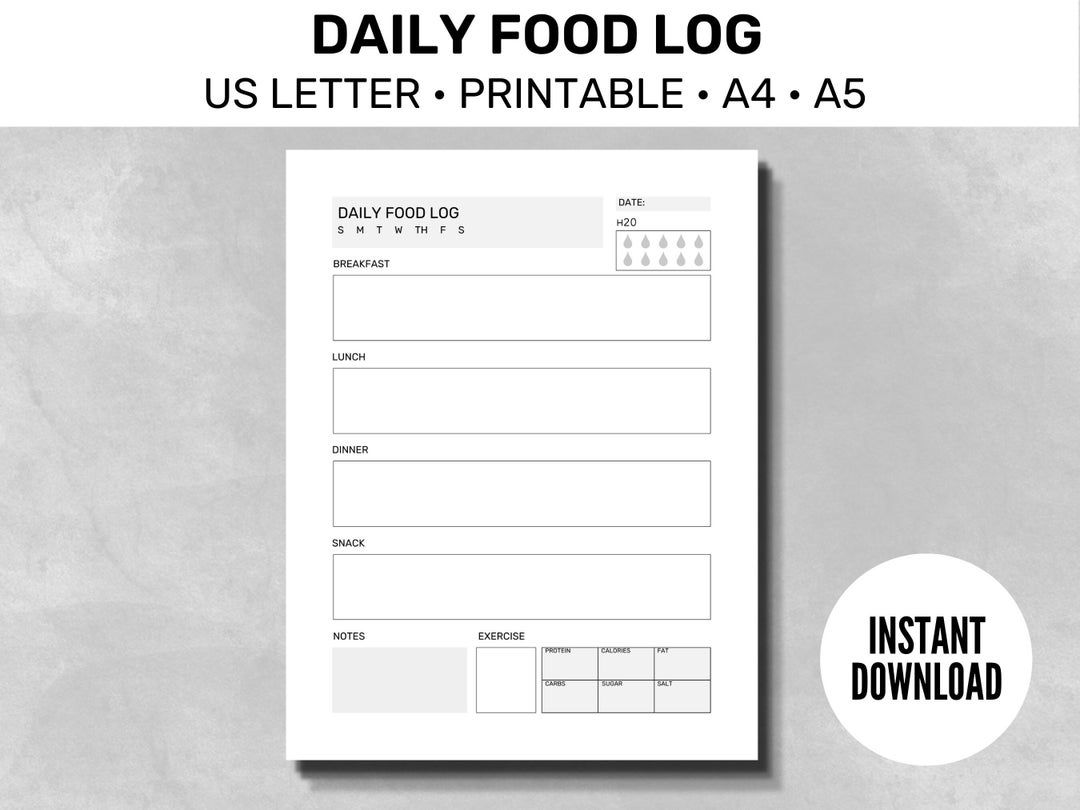 Printable Food Journal, Daily Food Planner, Food Log, Daily Calorie ...