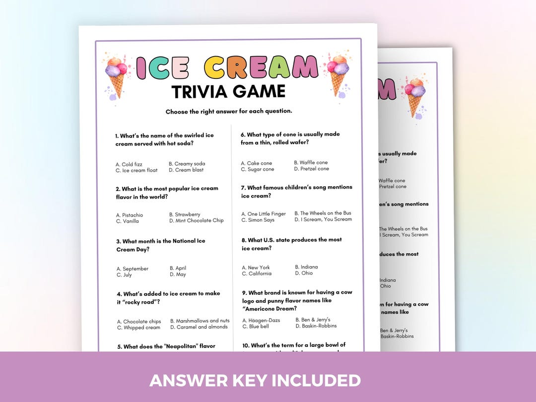 Ice Cream Trivia Game, Printable Ice Cream Party Quiz for Kids & Adults ...