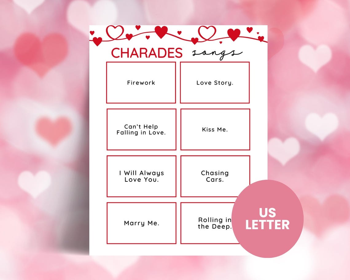Printable Charades Pictionary Game, Charades Valentine Game, Valentine ...