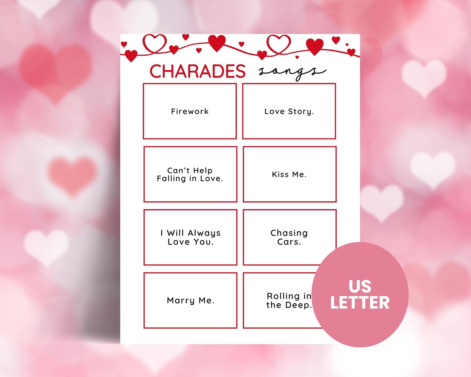 Printable Charades Pictionary Game, Charades Valentine Game, Valentine ...