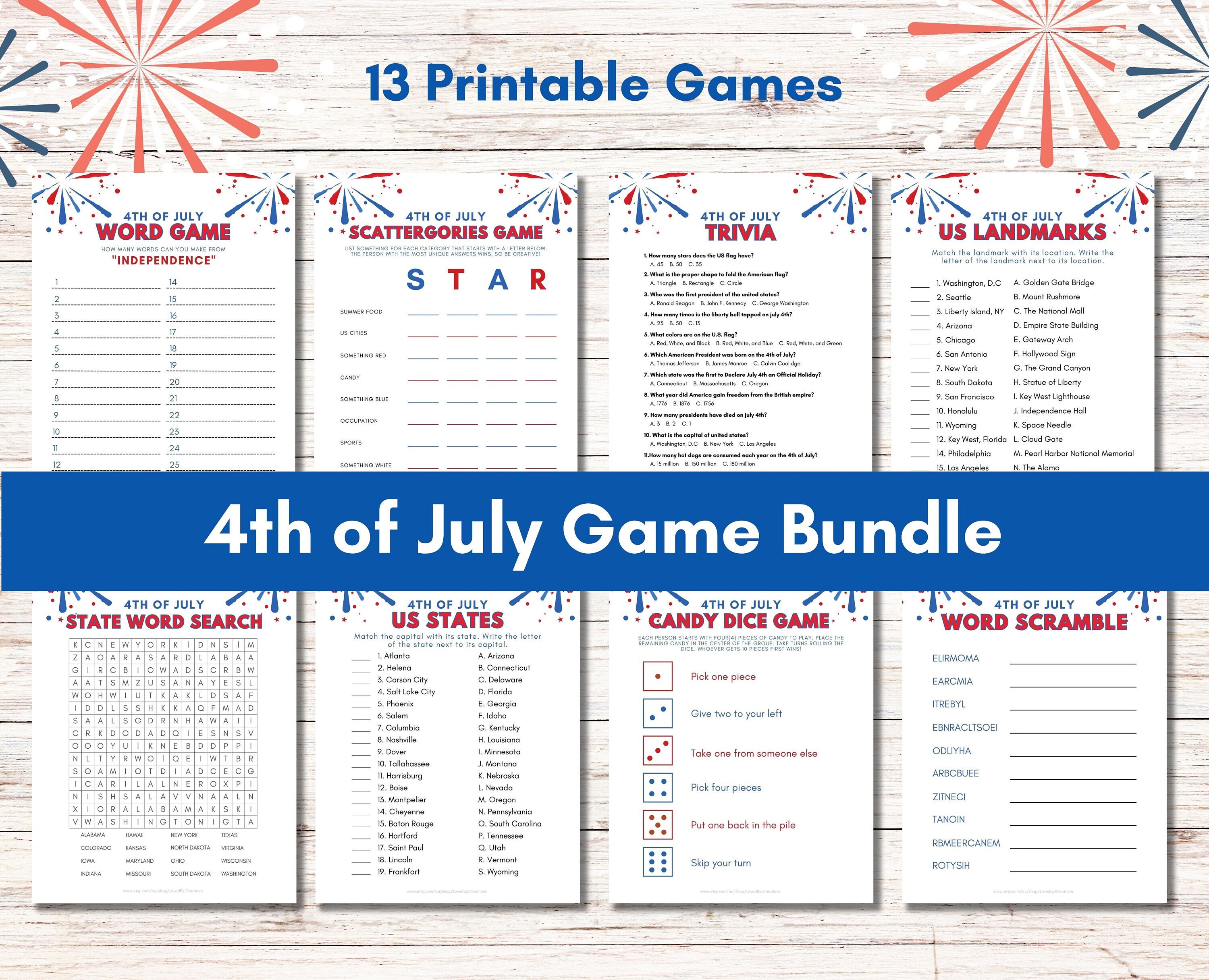 Fourth of July Games Bundle, Printable 4th of July Games, Independence ...