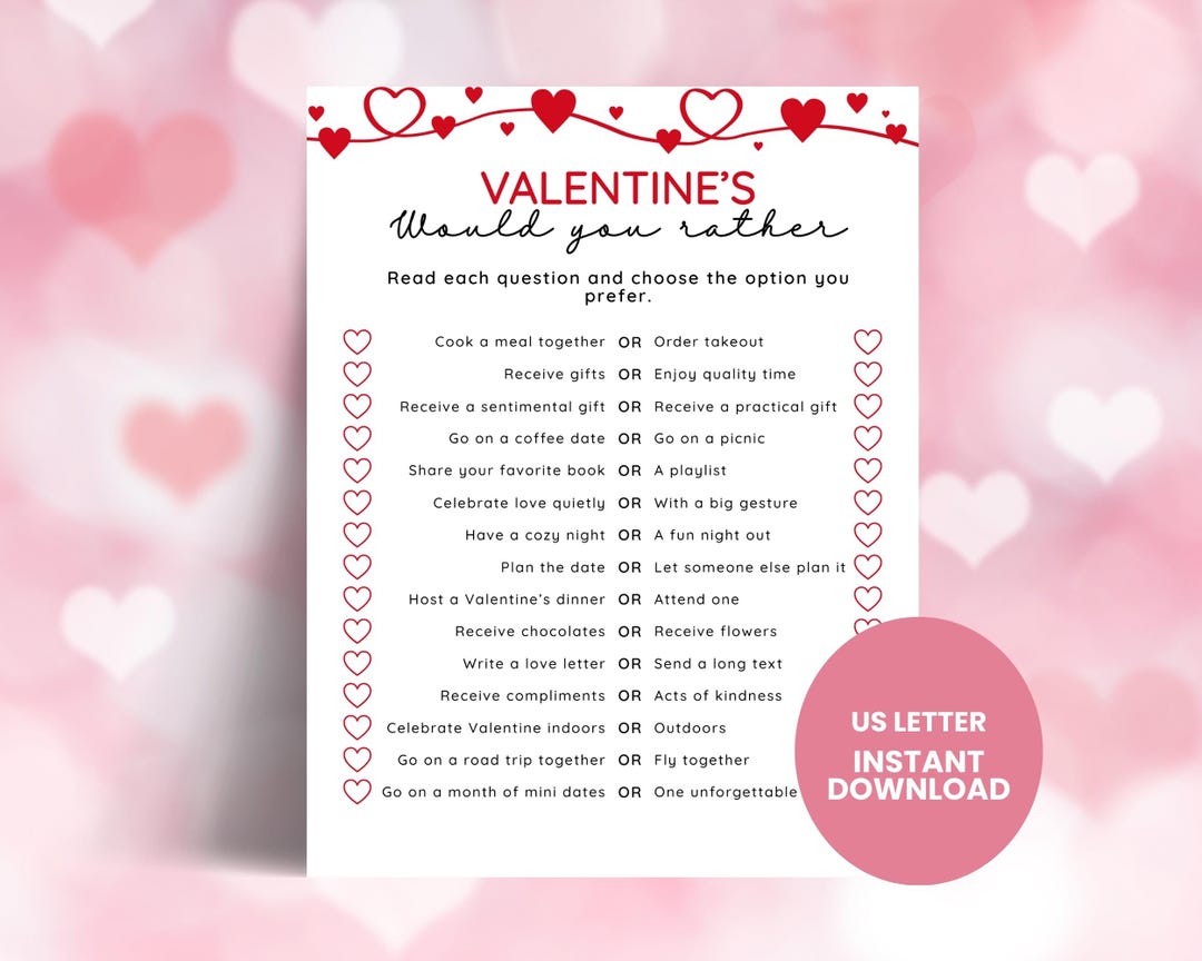 Would You Rather Questions, Valentines Day Printable Games, Printable ...