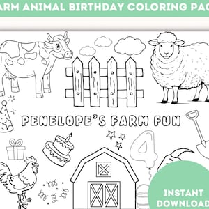 Farm Animal Birthday Coloring Placemat, Printable Kids Activity Sheet ...