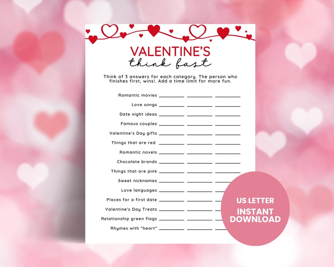 Valentine Think Fast Game, Valentine Worksheet, Think Quick Game ...