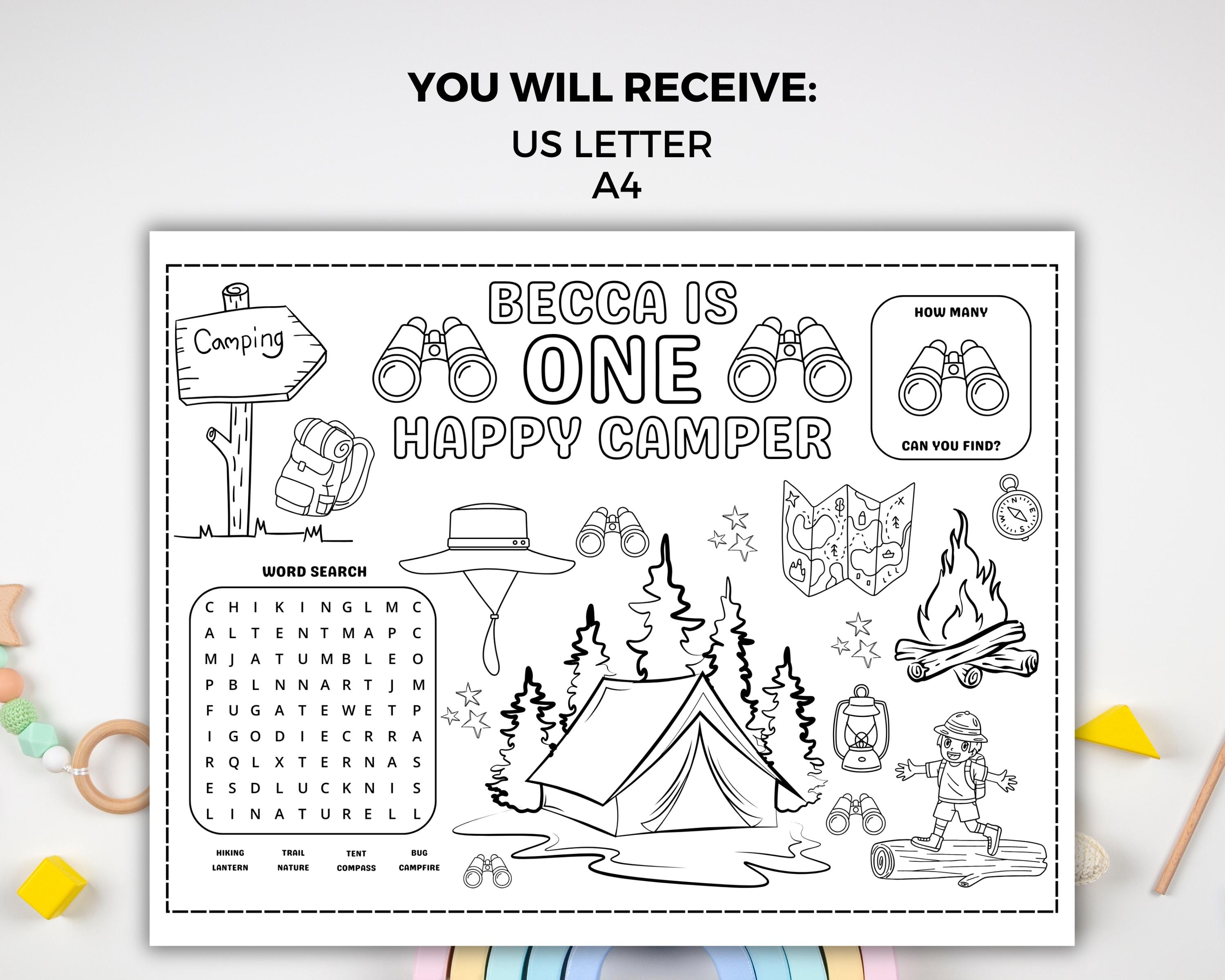 One Happy Camper Coloring Page, Printable Camping Activity Placemat ...