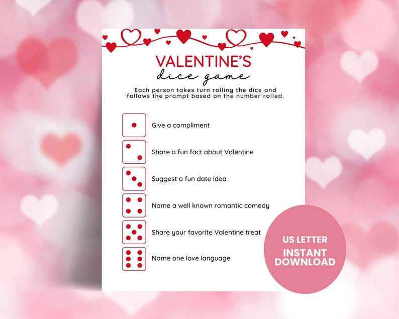 Valentine Roll a Dice Game, Valentine Worksheet, Dice Game Printable ...