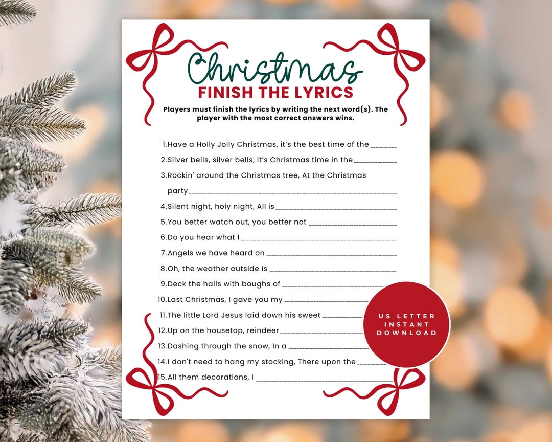 Finish the Lyrics Christmas Game, Christmas Song Lyrics Printable ...