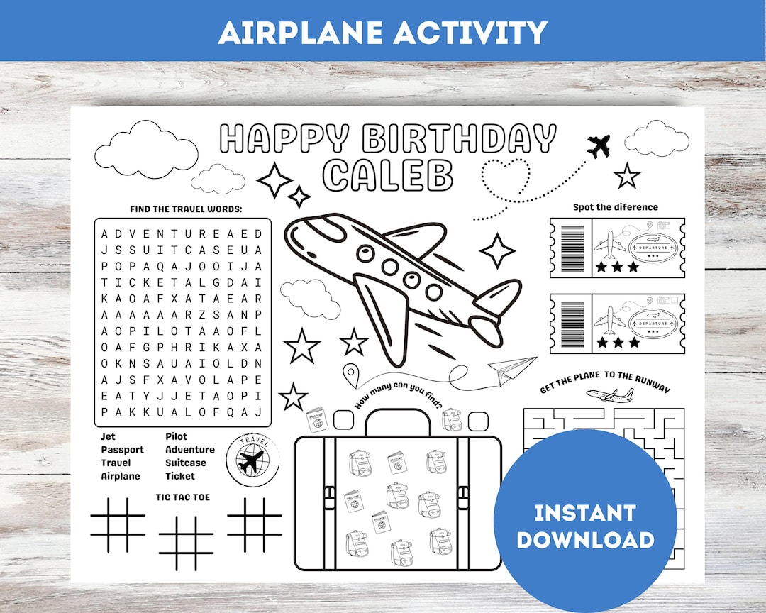 Airplane Activity Placemat, Printable Kids Coloring Page, Printable ...