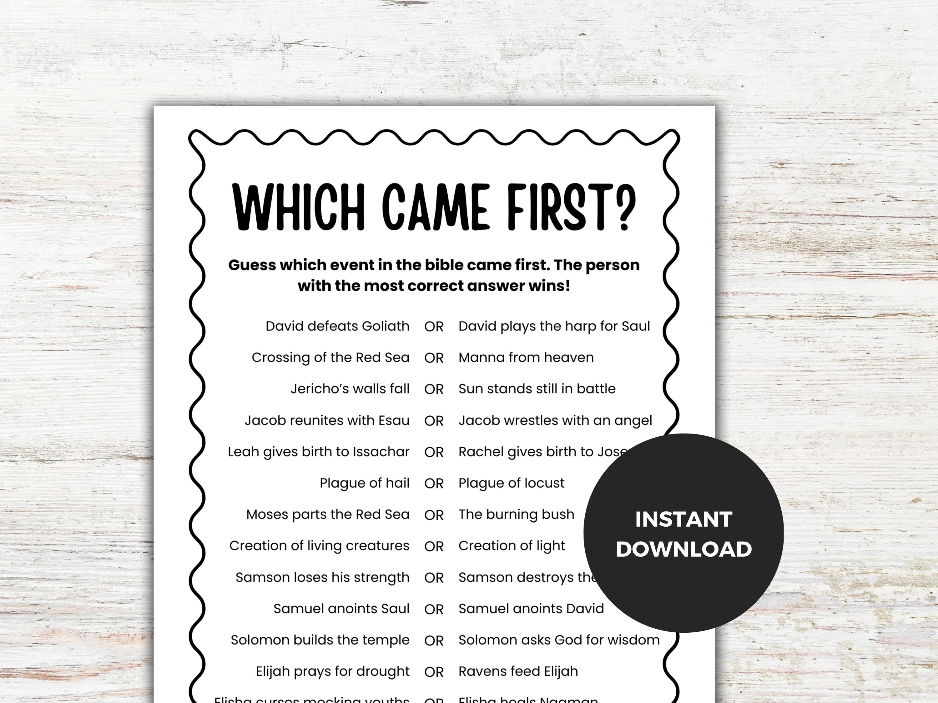 Which Came First Bible Trivia Game Printable, Interactive Printable ...