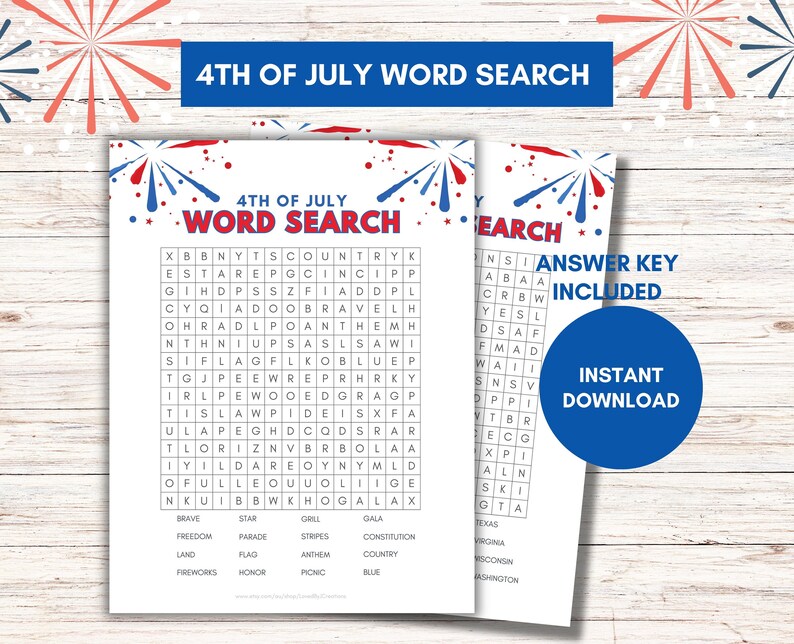 4th of July Word Search Printable Game, Fourth of July Games Bundle ...