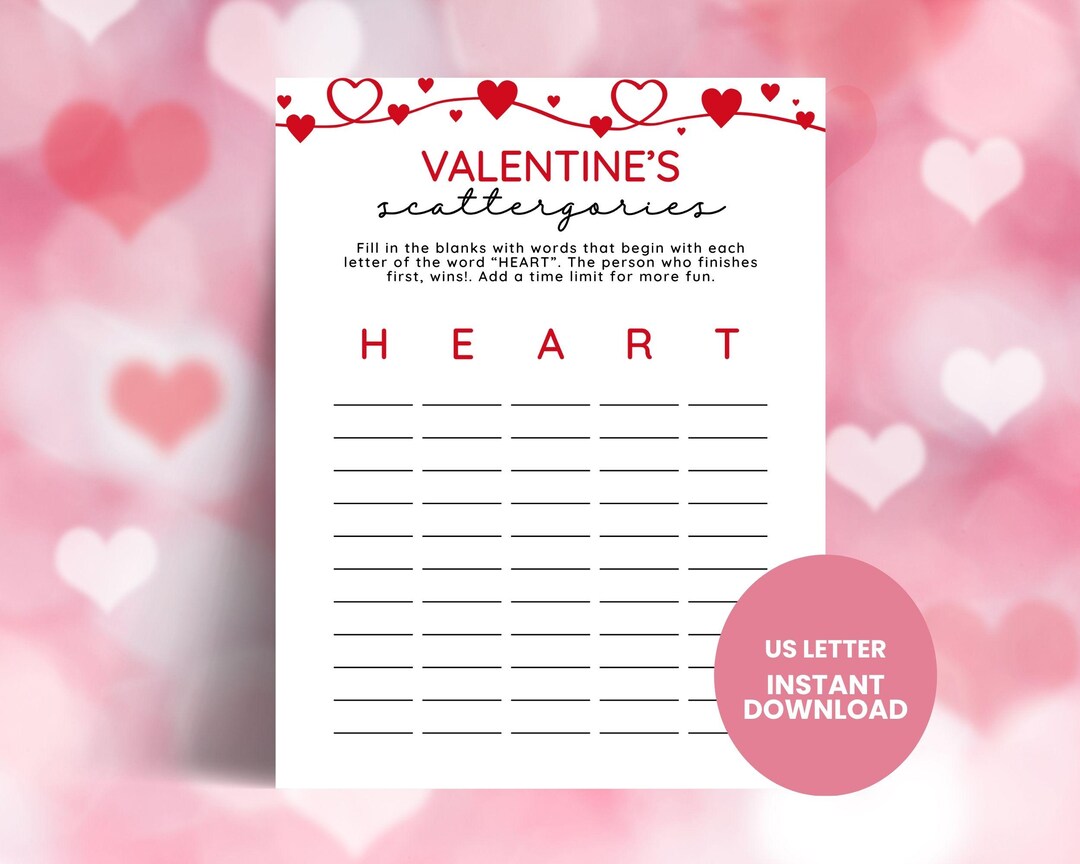 Valentines Day Scattergories Game, Valentine Worksheet, Holiday Party ...