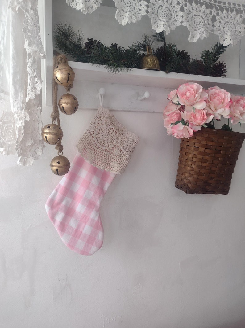 Pink Gingham Christmas Stocking With Doily Style Farmhouse Fabulous - Etsy