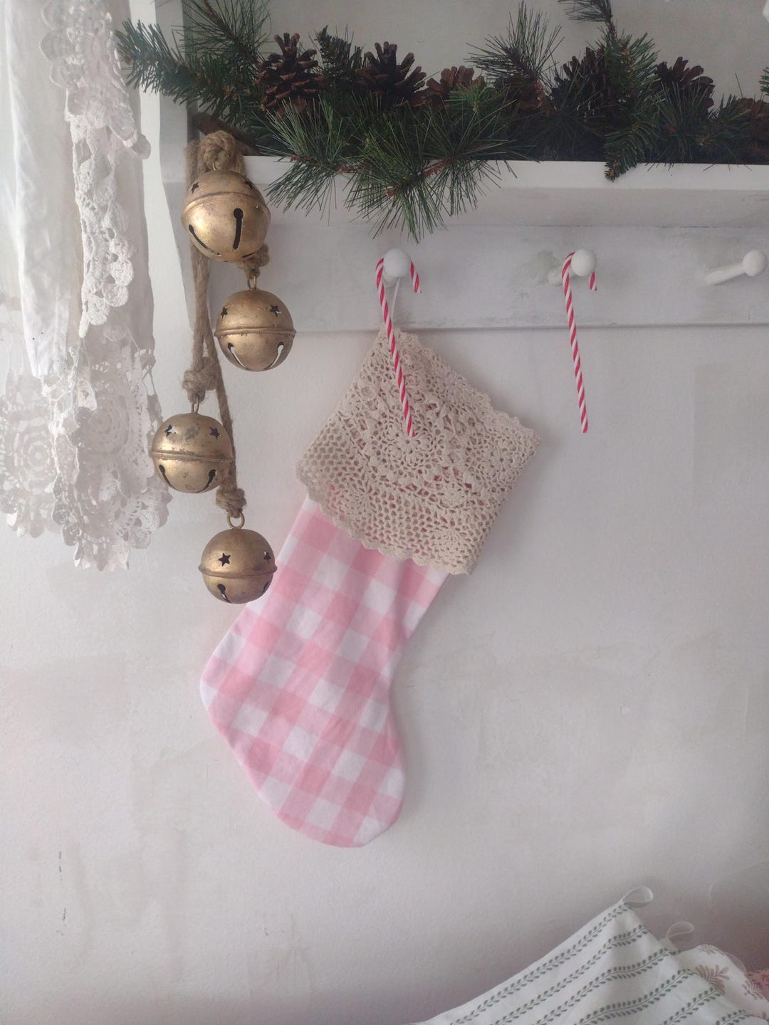 Pink Gingham Christmas Stocking With Doily Style Farmhouse Fabulous - Etsy