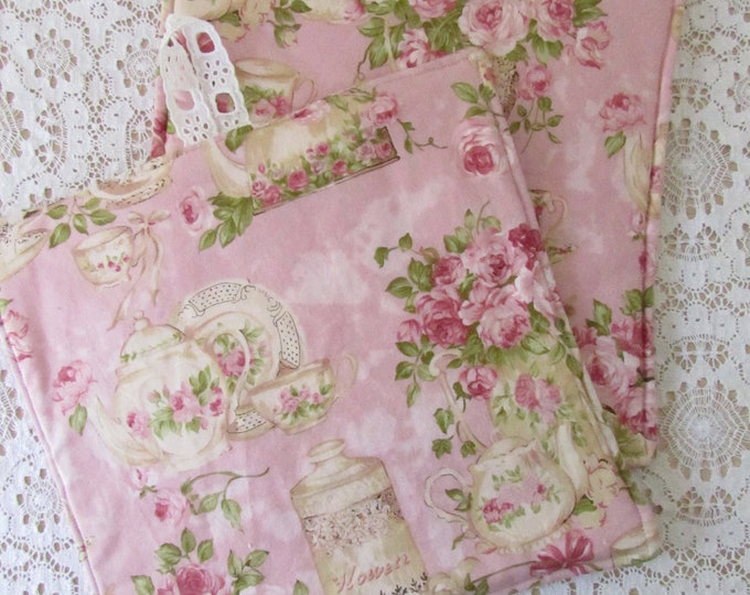 Shabby Pink Rose Potholders - Set of Two Cotton Quilted Hotpads - Etsy
