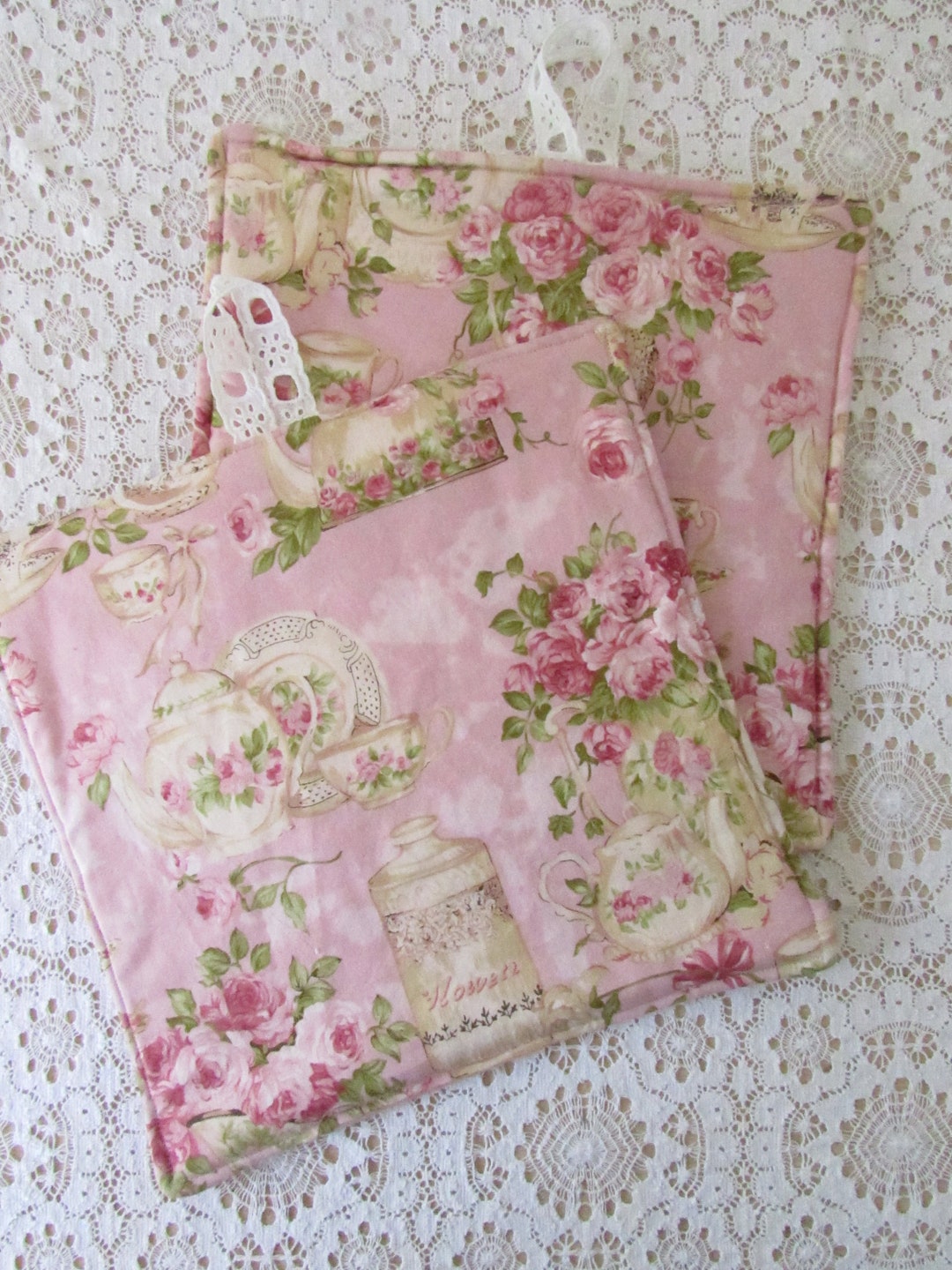 Shabby Chic Rose Potholders – Cotton Quilted Hotpads, Tea Party Decor ...
