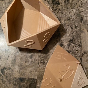 Dice Box DND Custom Design D20 Stylized Wood PLA Brown Gold Holds Full ...