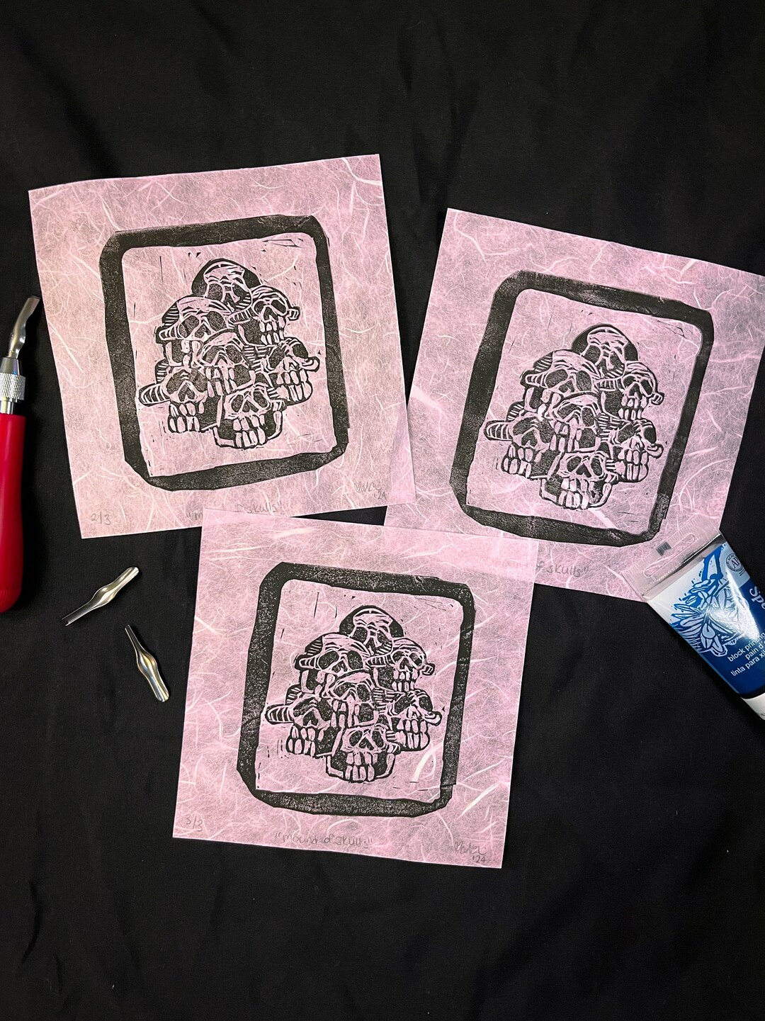Mound of Skulls Print Skull Prints Linoleum Prints Hand Printed Linocut ...