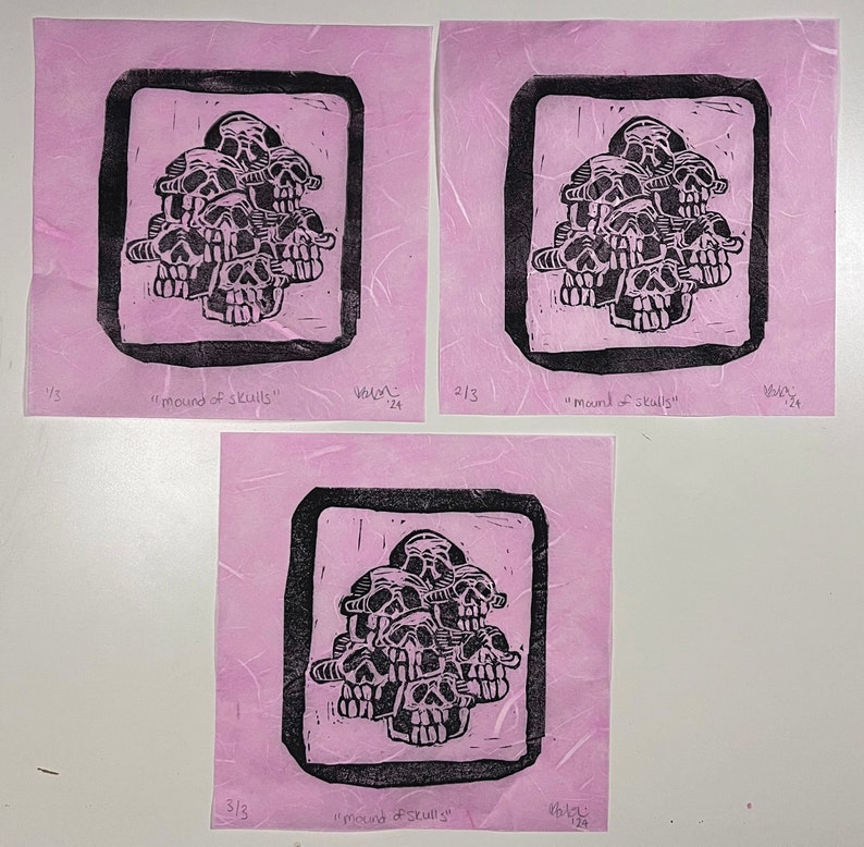 Mound of Skulls Print Skull Prints Linoleum Prints Hand Printed Linocut ...