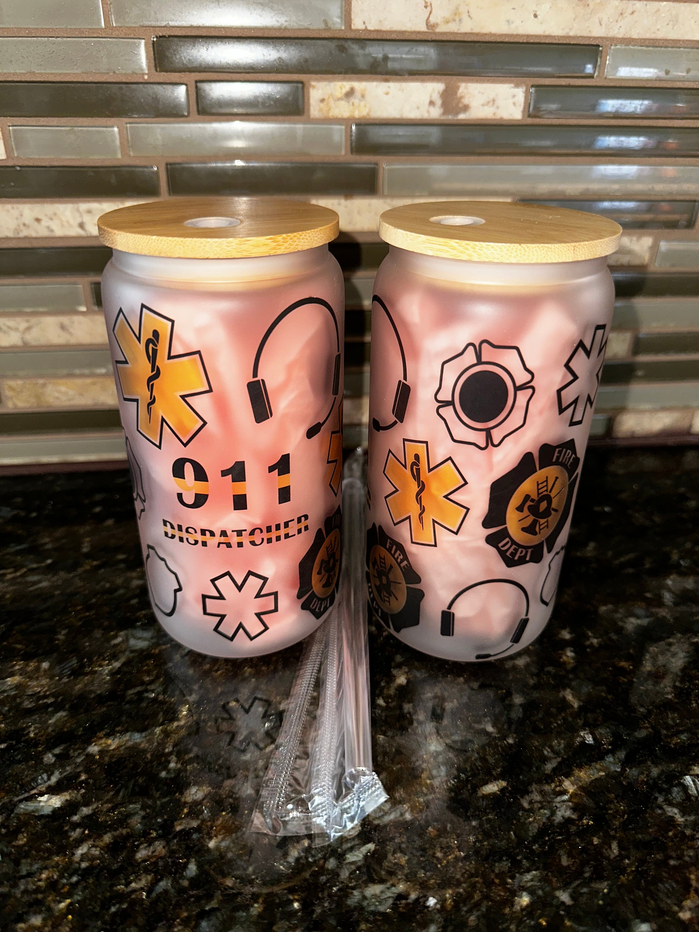 911 Dispatcher Glass Cup With Straw and Bamboo Lid 16 Oz - Etsy