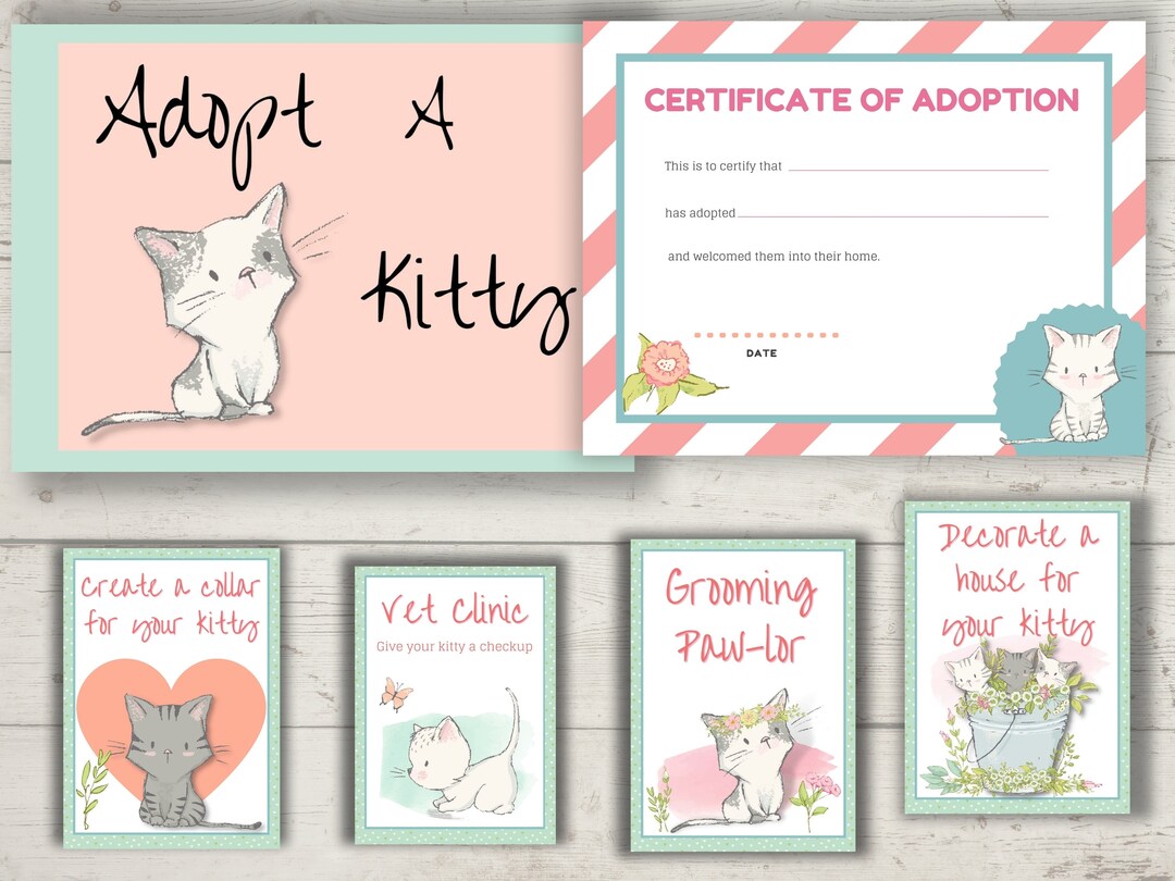 Kitten Adoption Certificate and Activity Signs | Printable Cat Party ...