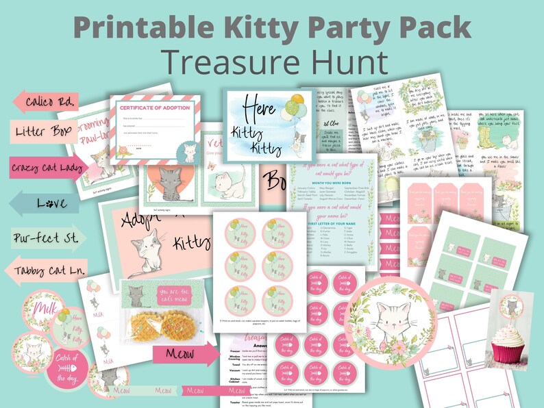 Printable Cat Party Bundle: Kitten Adoption, Treasure Hunt (digital ...