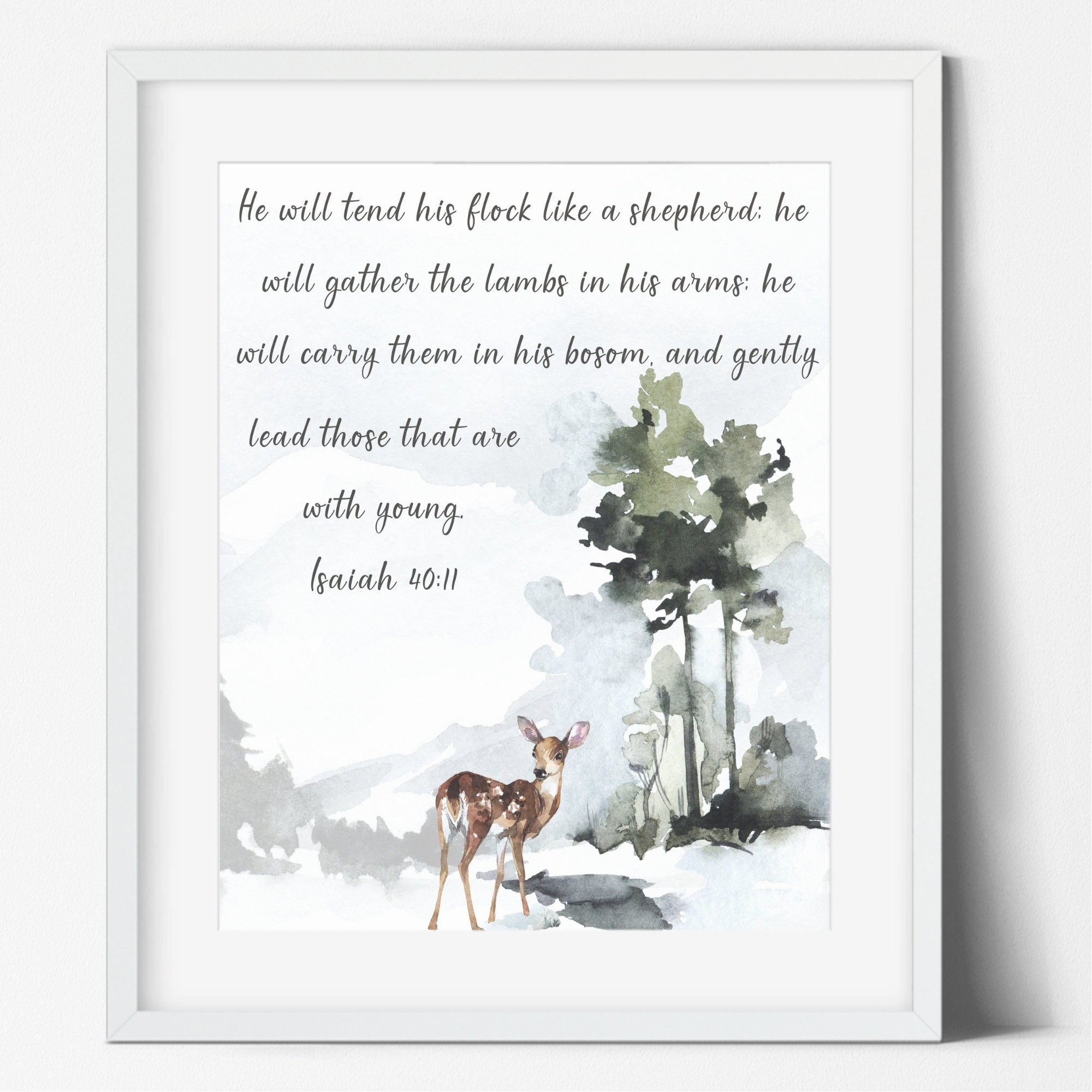Deer Nature Wall Art Printable With Bible Verse Isaiah 40:11 Watercolor ...