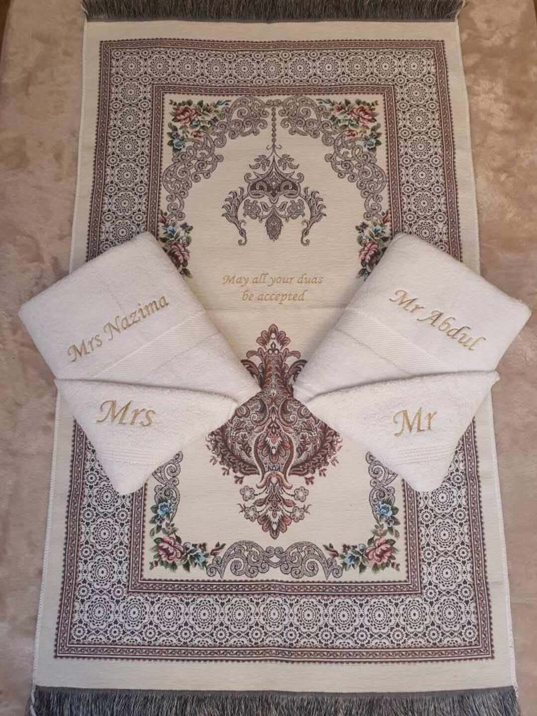 Couples Wedding Gift set Personalised Prayer Mat Bath & Face Towels ...