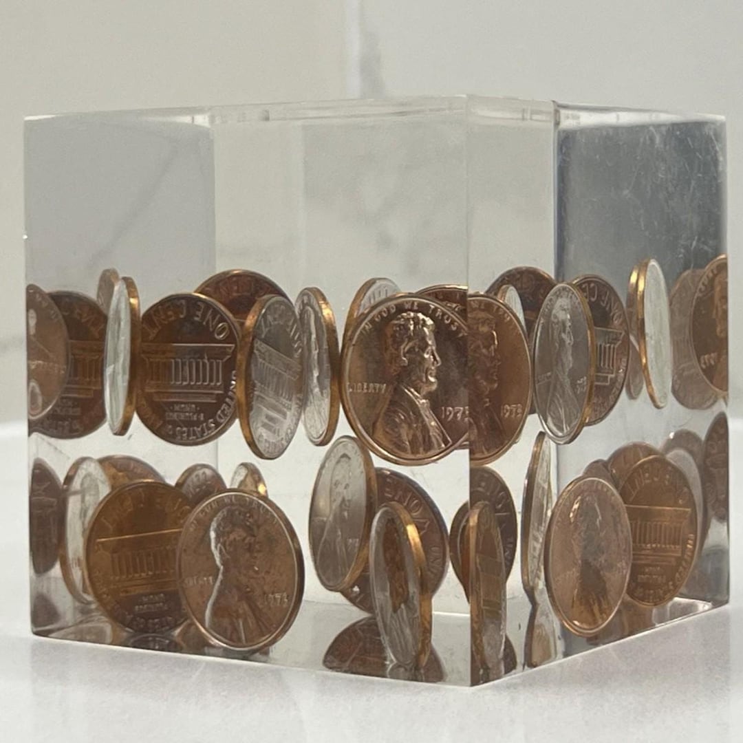 1973 Lucite Encased Penny Cube – Vintage 2.5” Acrylic Paperweight ...