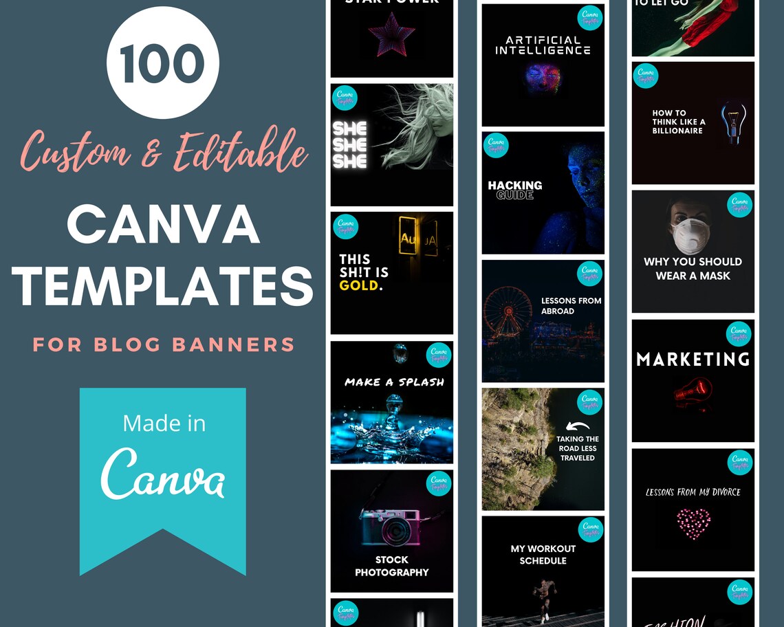 100 Custom Canva Templates - Black Background W/ White Text Overlay and ...