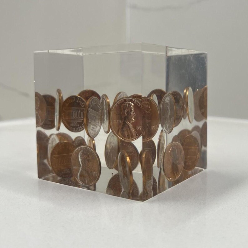 1973 Lucite Encased Penny Cube – Vintage 2.5” Acrylic Paperweight ...