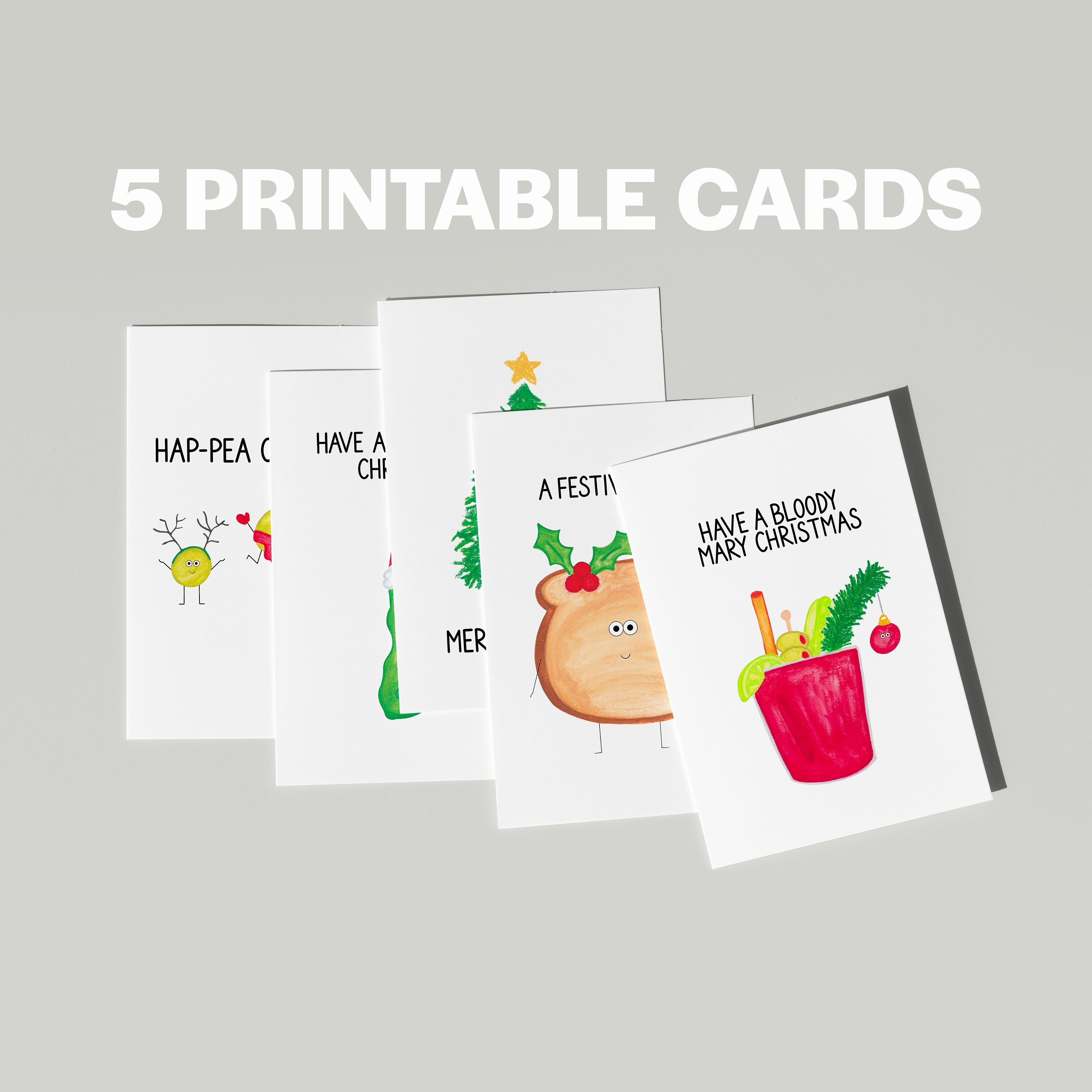 Christmas Card Printable Pack, 5 Printable Christmas Cards, Holiday ...