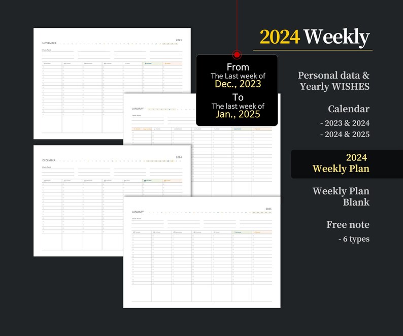 Weekly 2024 Dated & Blank Undated, Calendar, Free Note Printable ...
