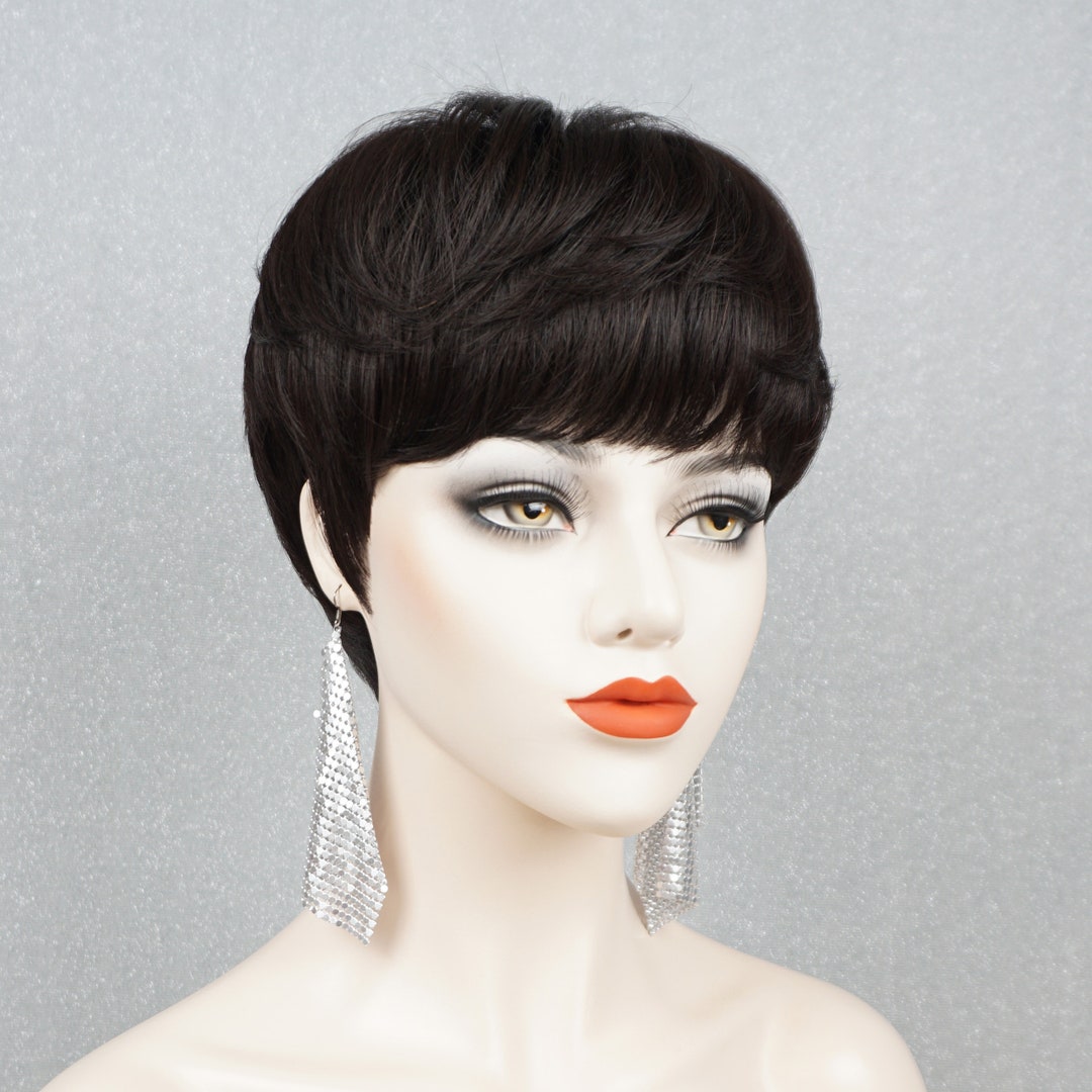 Natural Black Pixie Wig Human Hair With Bangs Customizable None-lace ...