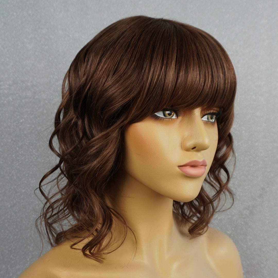 Layered Wavy Human Hair Wig With Bangs Chestnut Brown 14in Customizable ...