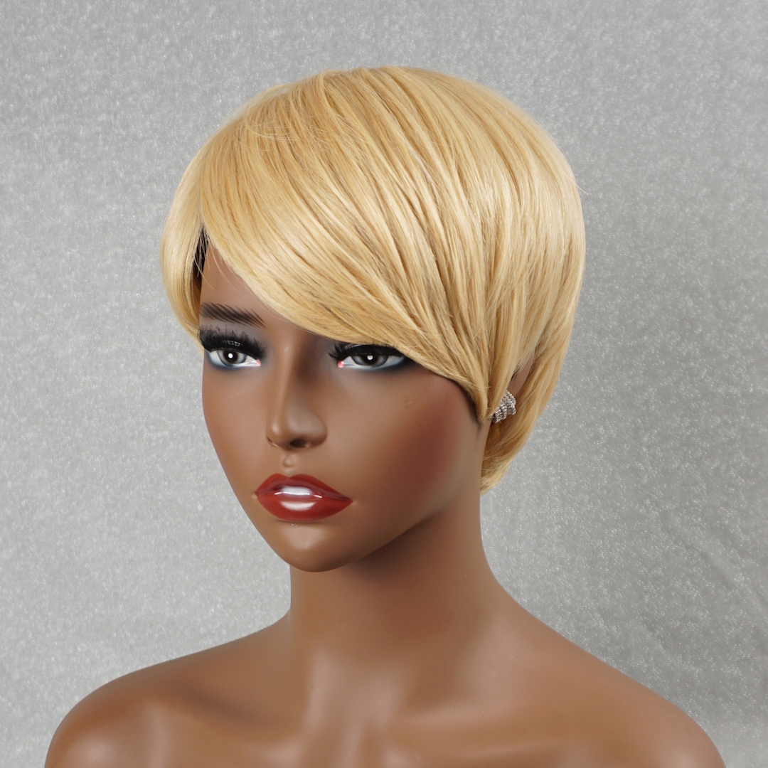 100% Human Hair Cream Blonde Pixie Short Wigs 150 Density Glueless With ...