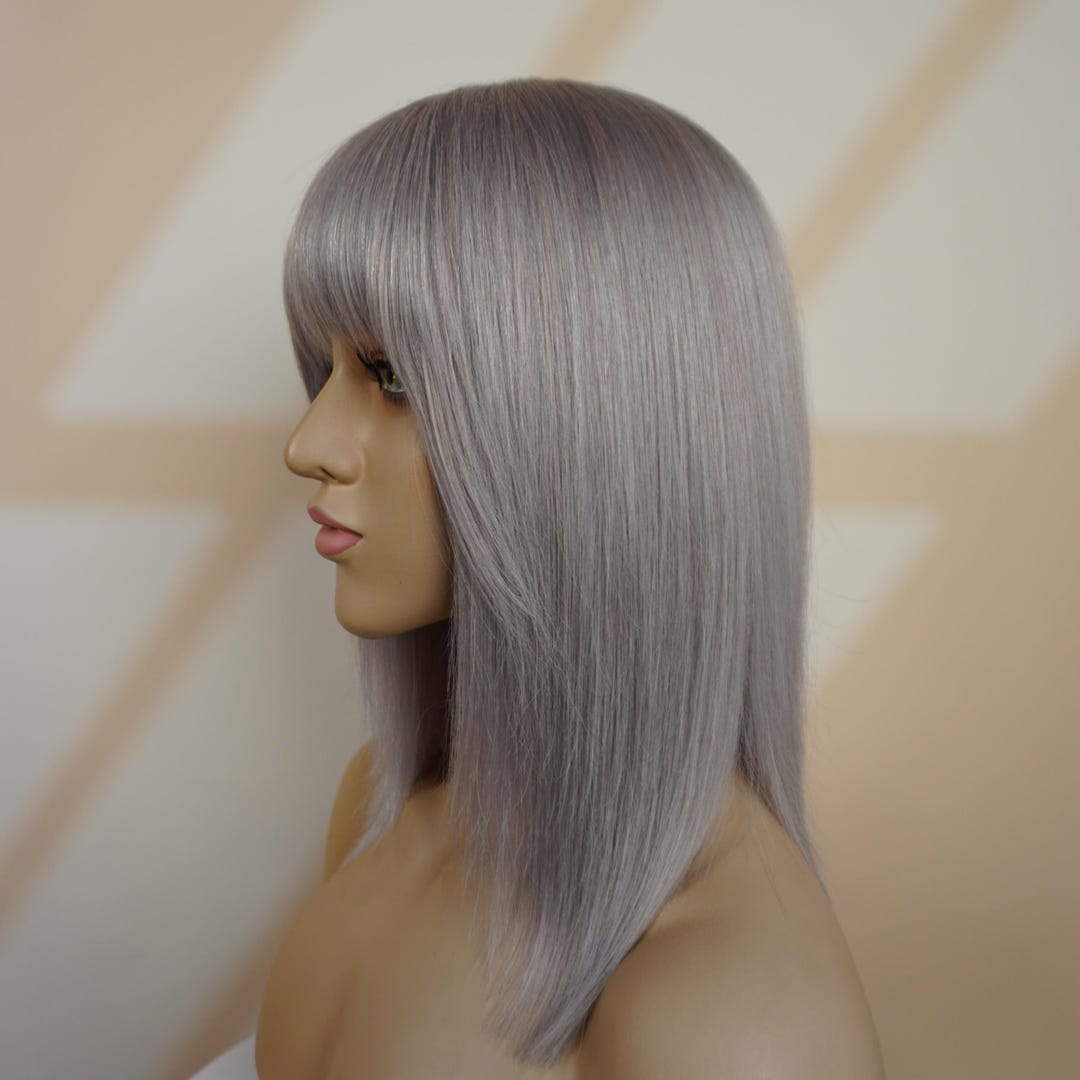 Silver Gray Human Hair Wig 14in Layered Bob With Bangs Customizable ...