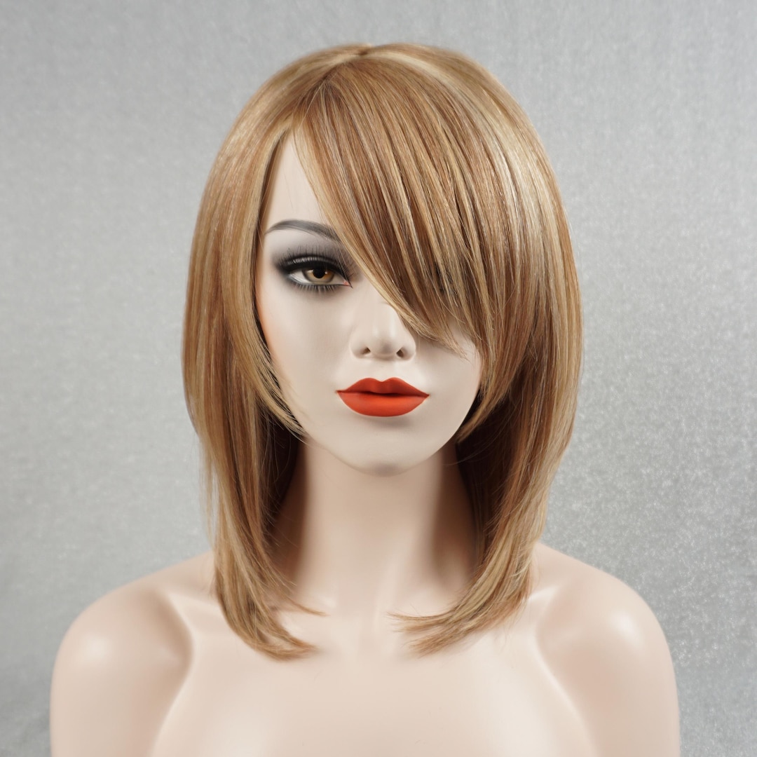 Layered Med-blonde Light Blonde Highlights Human Hair Wig With Bangs ...