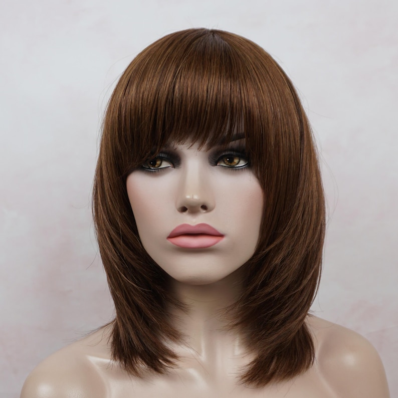 Human Hair Warm Brown Layered Straight Cut With French Bangs Realistic ...