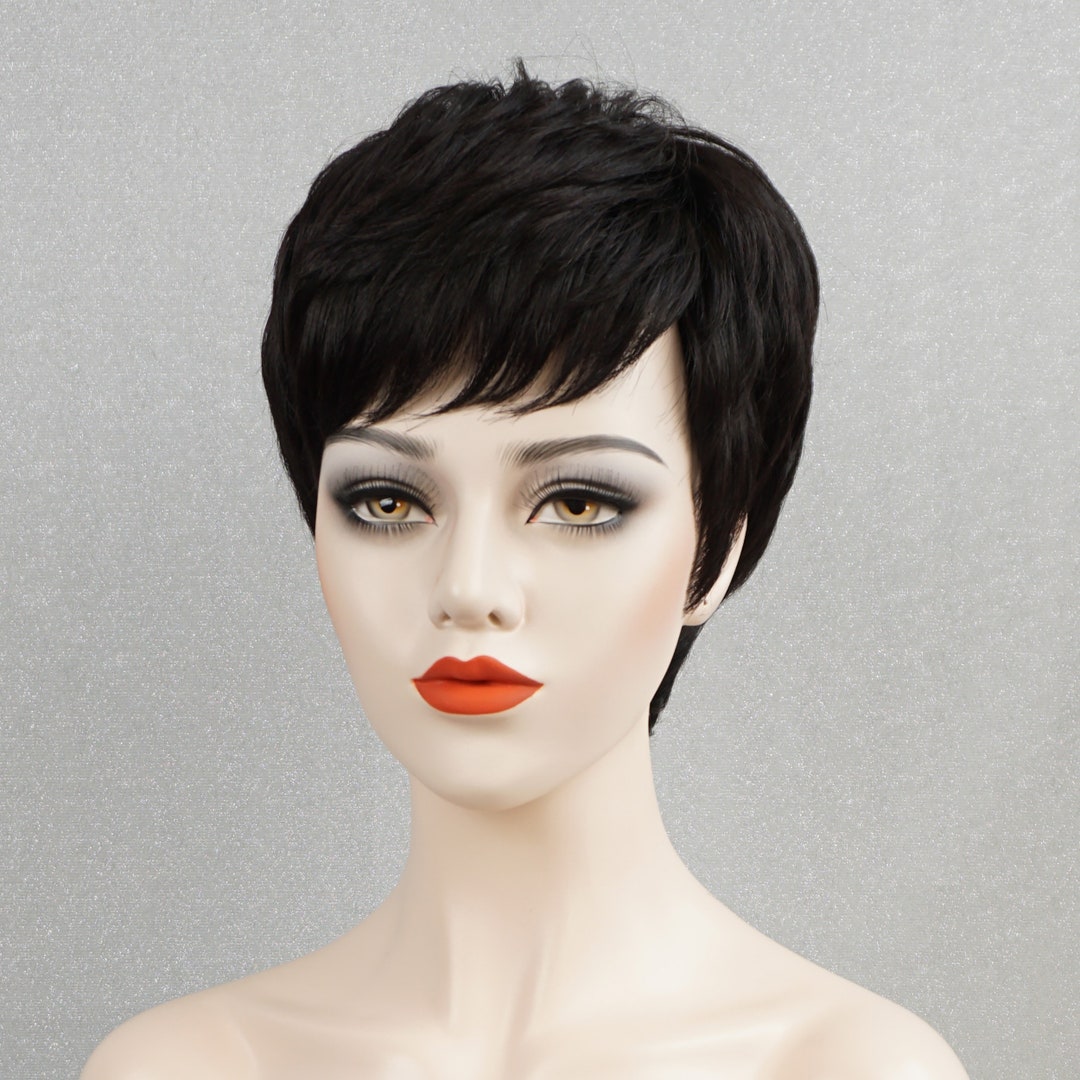 100% Human Hair Natural Black Pixie Short Wigs Full Cap Wig With Bangs ...