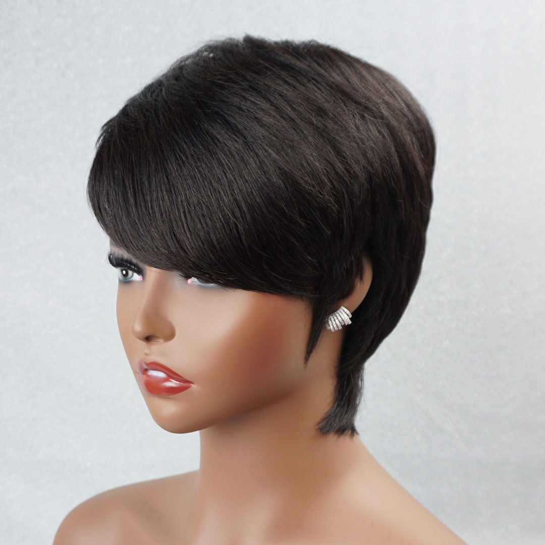 Natural Black Human Hair Shag Short Wig With Bangs 8in Customizable ...