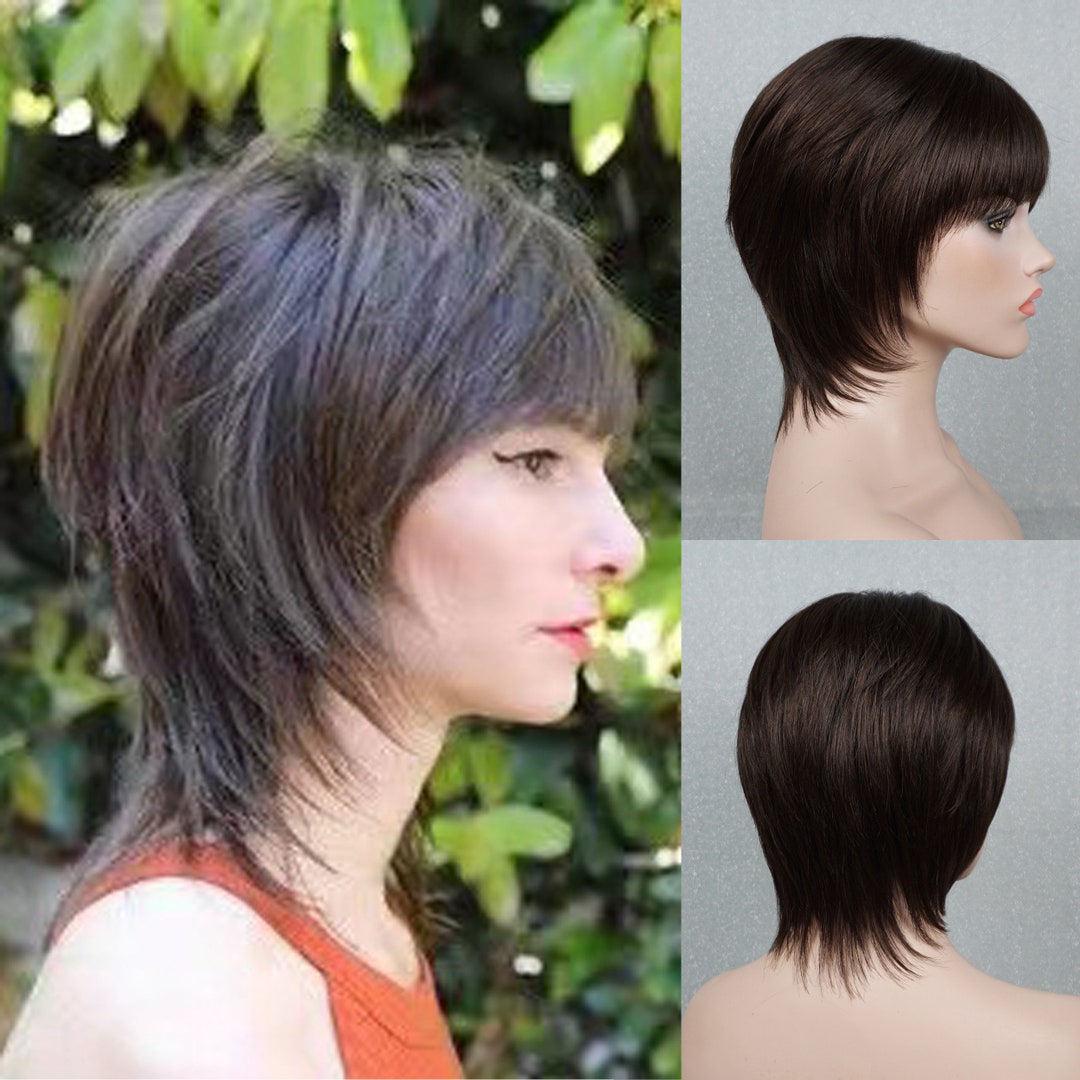 Mocha Hair Shag Human Hair Wigs for Women Non Synthetic Wigs With Bangs ...