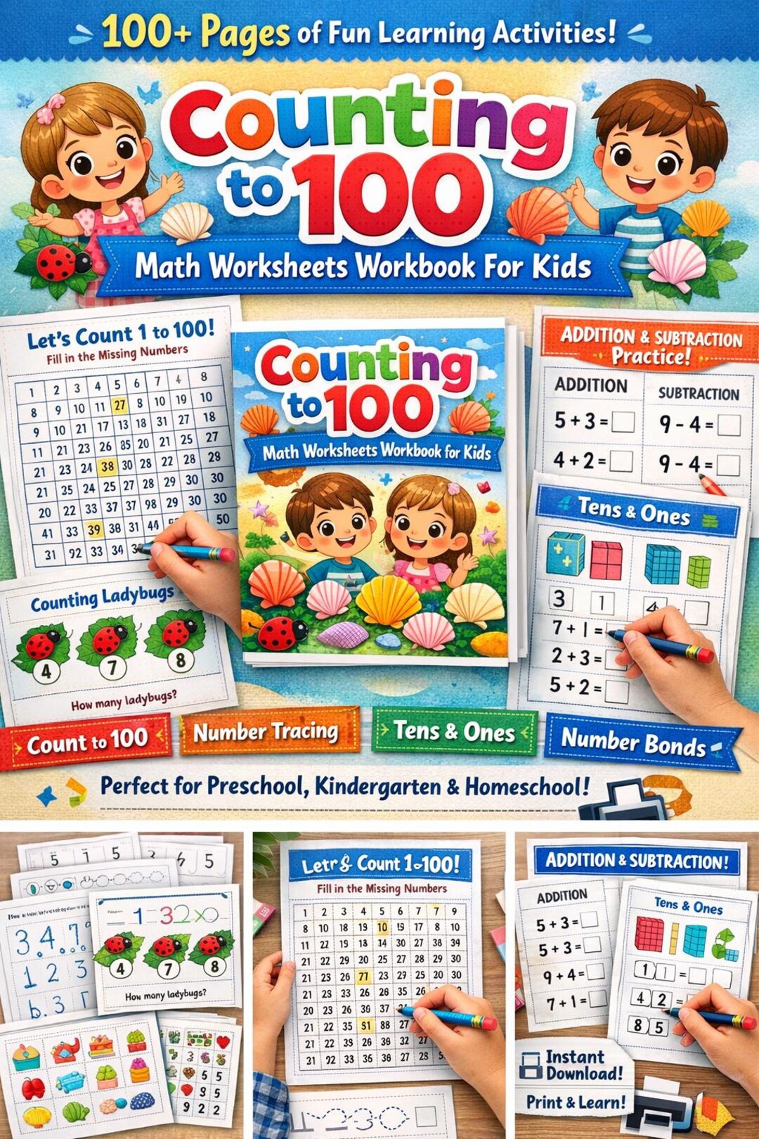 Counting to 100 Math Worksheets for Kids | Preschool and Kindergarten ...