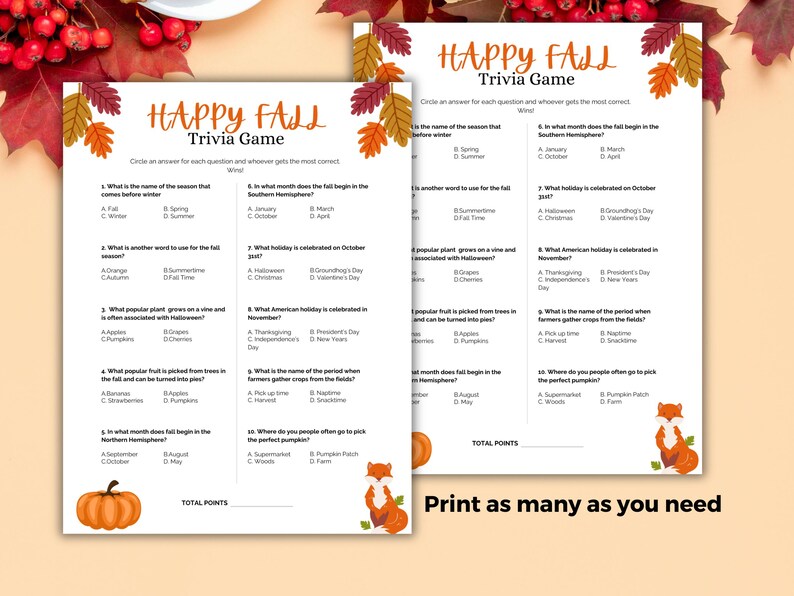 Happy Fall Trivia Game: Autumn Party Fun, Family Game, Office Games - Etsy