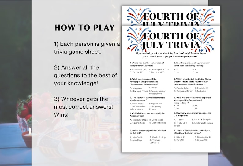 4th of July Trivia Game, Independence Day Trivia Game, Fourth of July ...