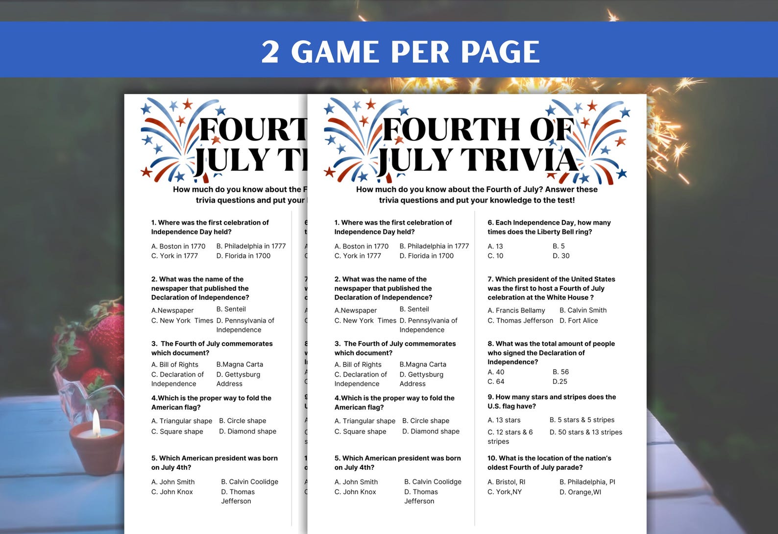 4th of July Trivia Game, Independence Day Trivia Game, Fourth of July ...