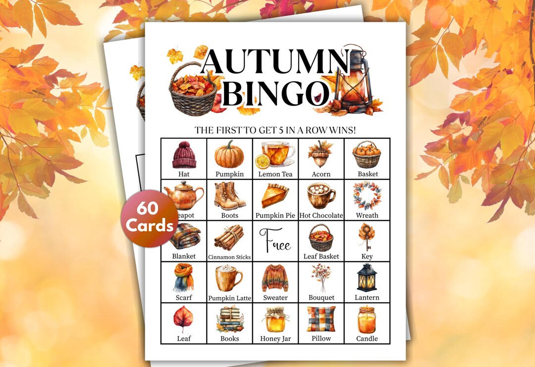 60 Unique Autumn Bingo Cards, Fall Printable Games, Fall Game, Autumn ...