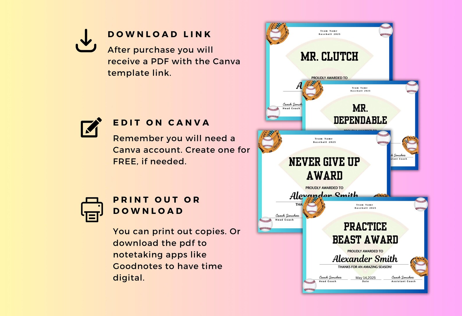 Editable Baseball Awards Templates | Baseball Certificate | Unique End ...