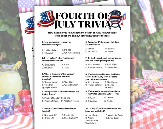 4th of July Trivia Game, Fourth of July Games, Group Games, Patriotic ...